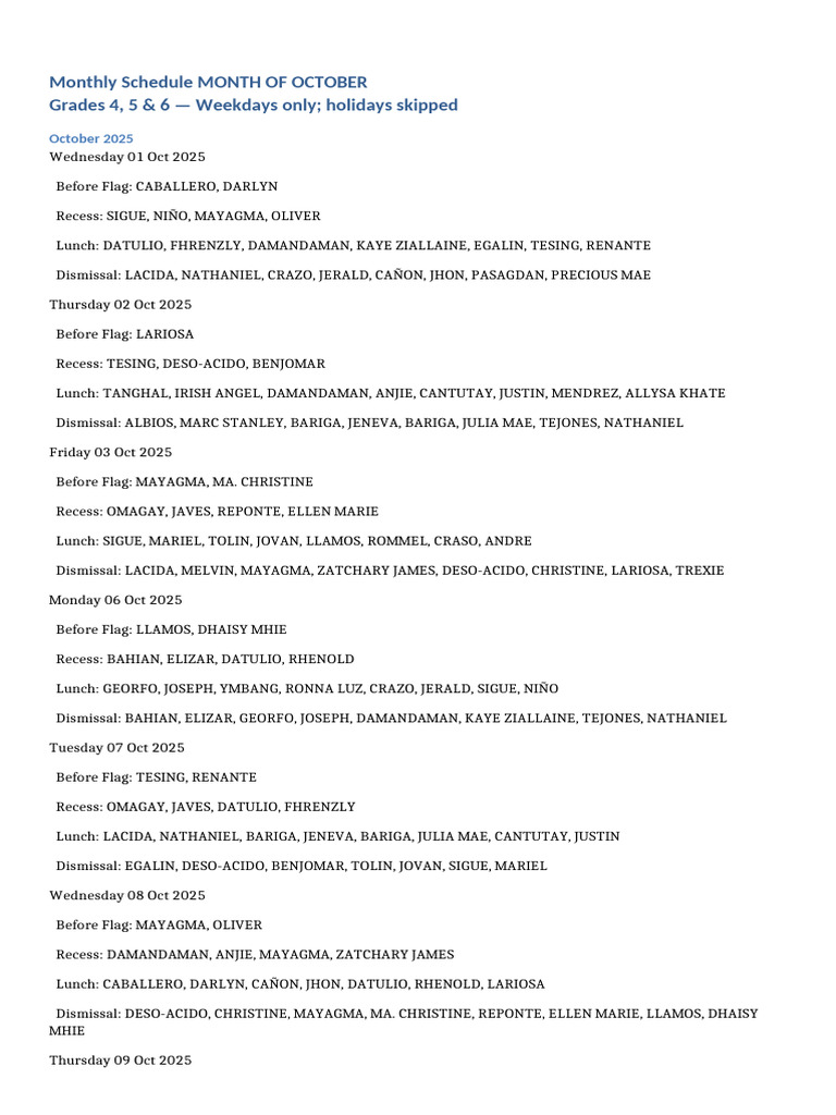 October 2025 School Schedule Grades 4-6 | PDF
