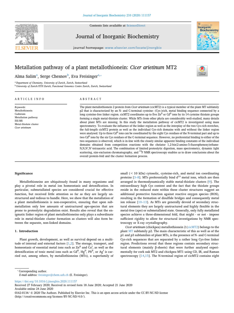 Metallation Pathway of A Plant Metallothionein. Cicer Arietinum MT2 ...