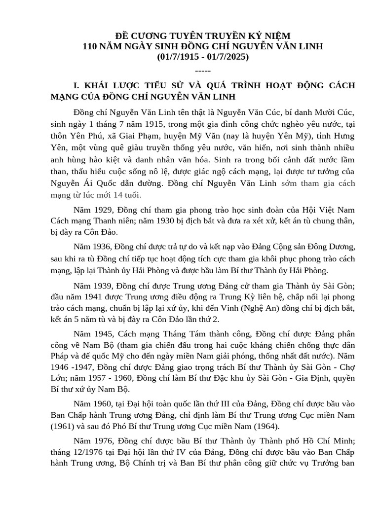 14 Hdkem DCTT 110n Ngay Sinh TBT Nguyen Van Linh | PDF