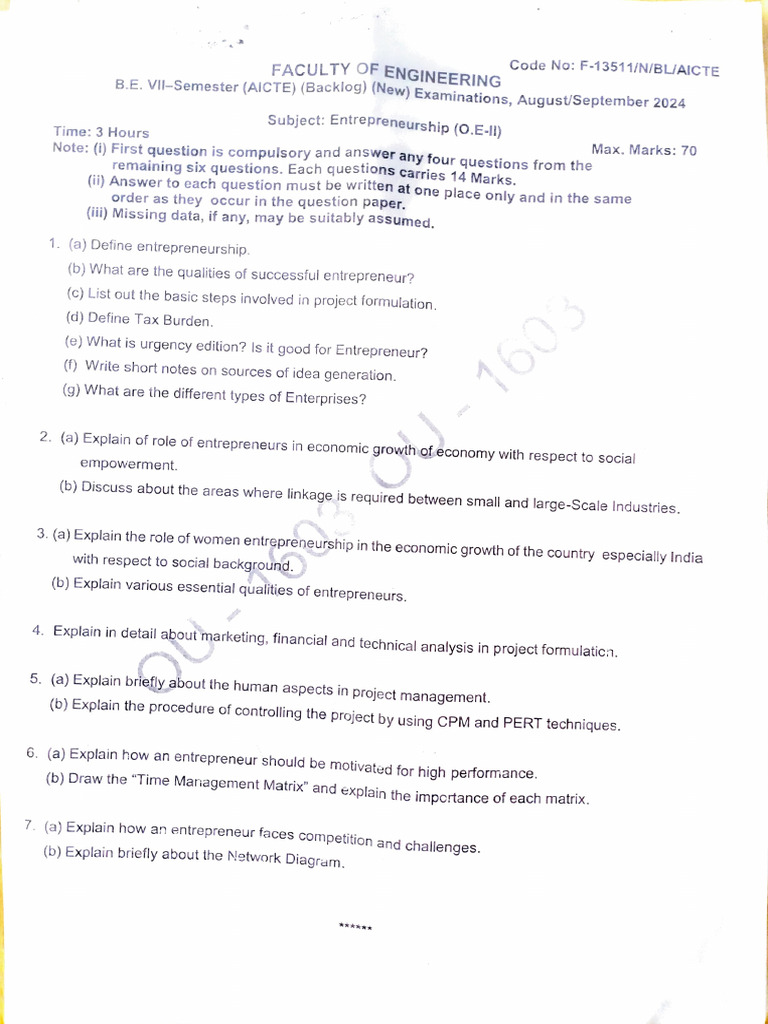 Entrepreneurship Exam Questions 2024 | PDF | Entrepreneurship | Startup ...