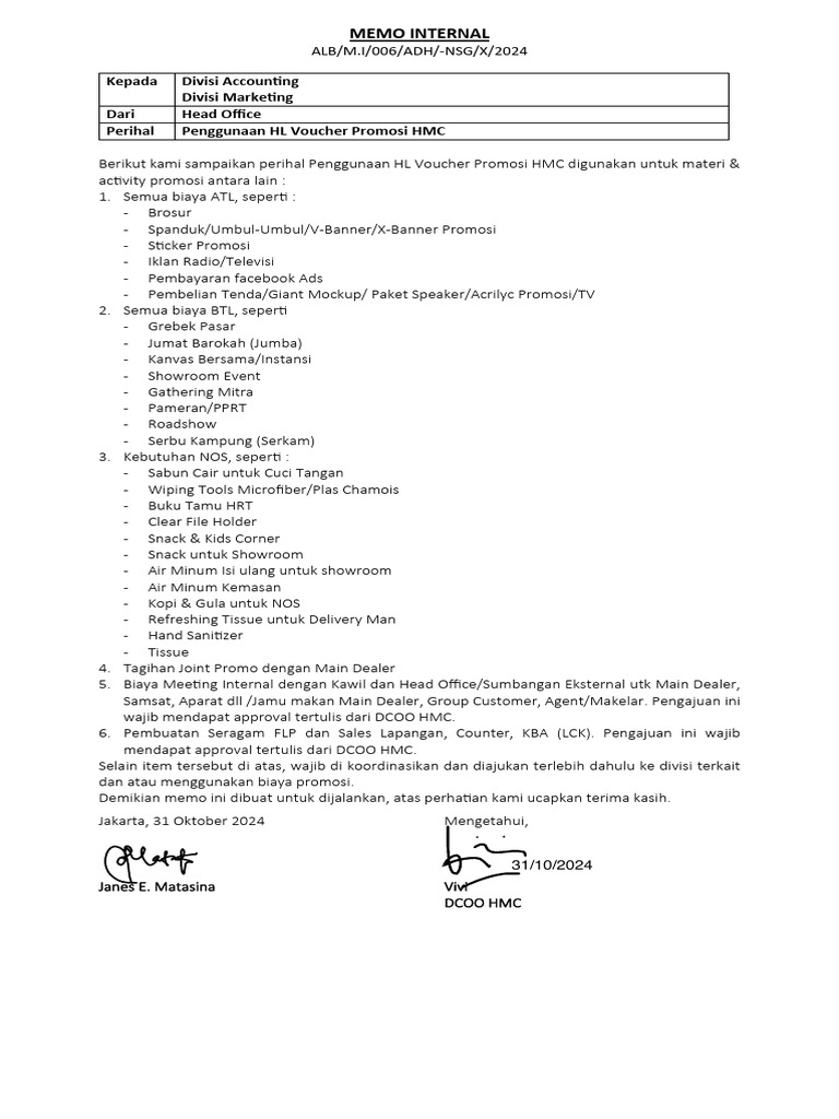 Memo Penggunaan HL Voucher Promosi | PDF