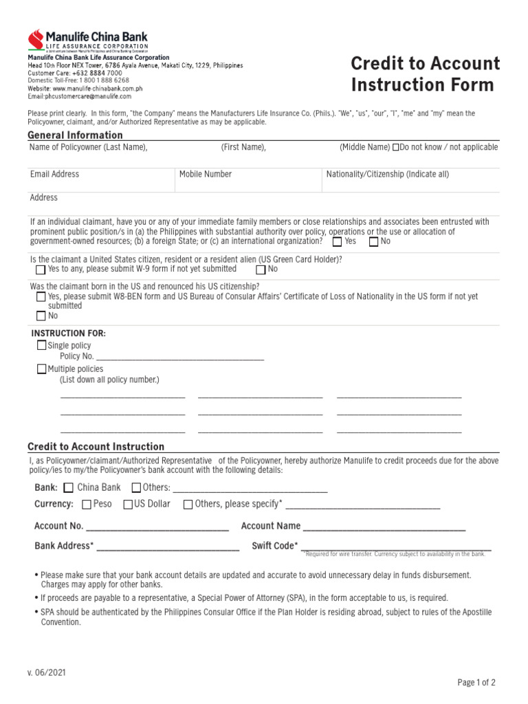 MCBL Credit To Account Instruction Form | PDF | Banks | Justice