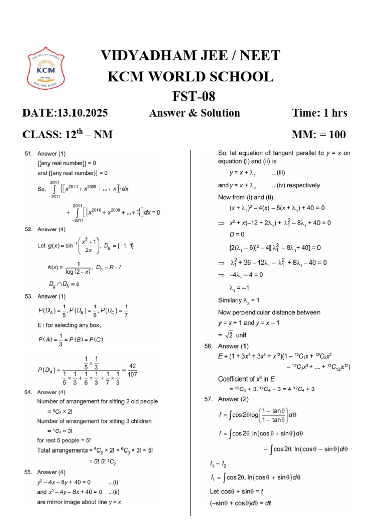 FST-08 Test Solution Math 13.10.2025 | PDF