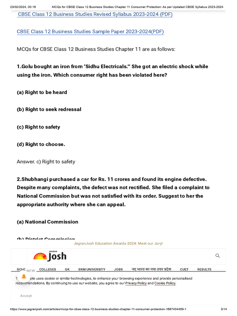 MCQs For CBSE Class 12 Business Studies Chapter 11 Consumer Protection ...