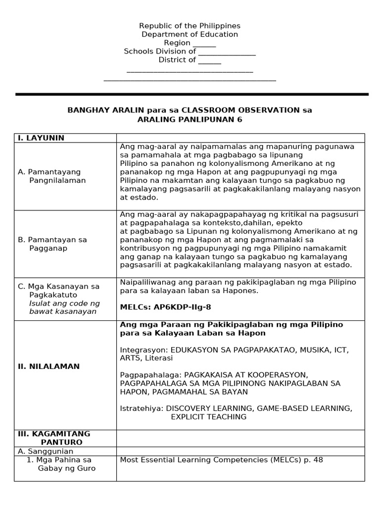 DLP - AP 6-Paraan NG Pakikipaglaban NG Mga Pilipino Laban Sa Hapon | PDF