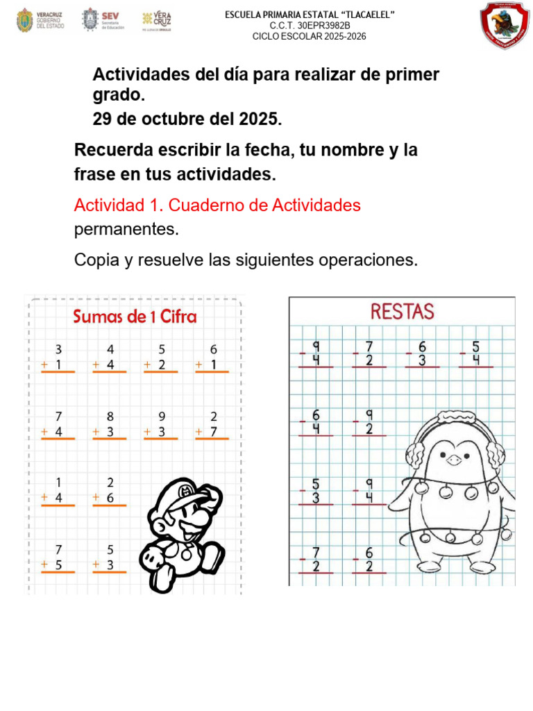 Actividades de Primer Grado. 29 de Octubre | PDF