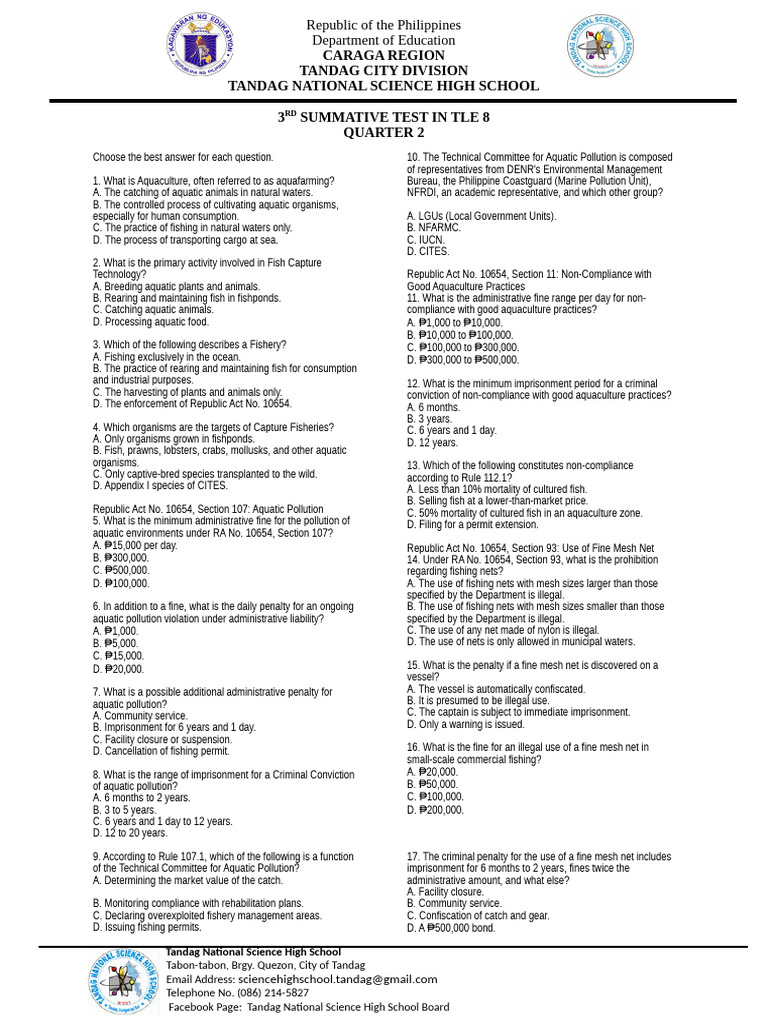 TLE 8 3rd Summative Test on Aquaculture | PDF | Overfishing | Aquaculture