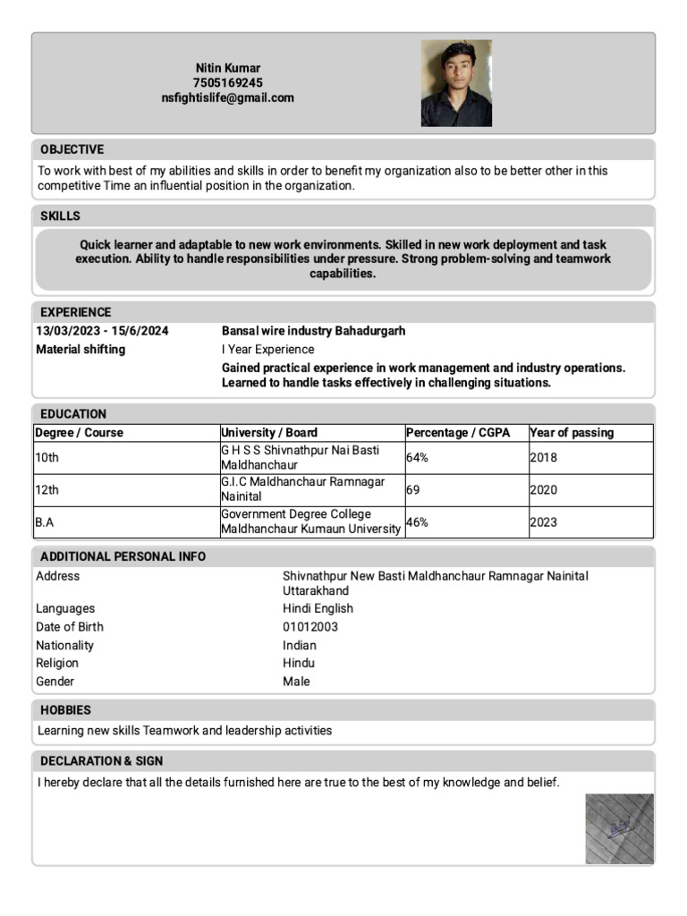 Nitin Kumar - Resume and Skills Summary | PDF