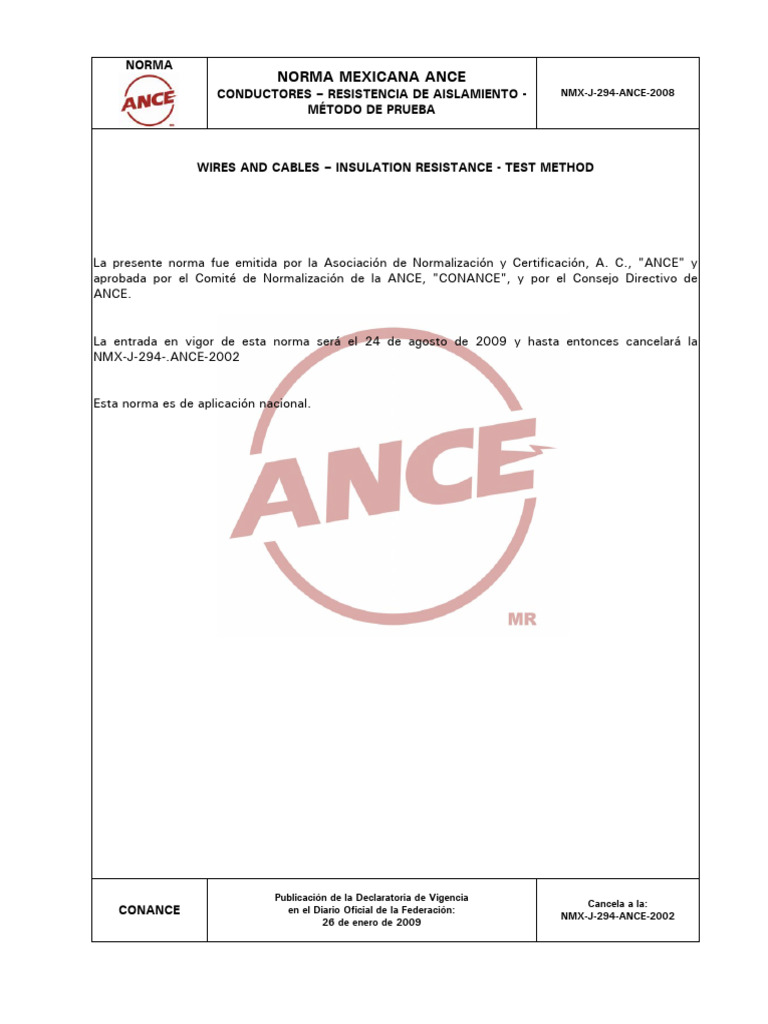 Norma NMX-J-294-ANCE-2008: Prueba de Aislamiento | PDF | Resistencia ...