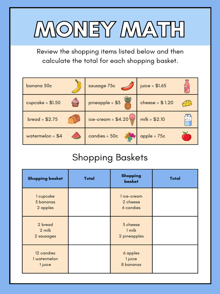 Money Math Worksheet in Blue Beige Illustrative Style | PDF