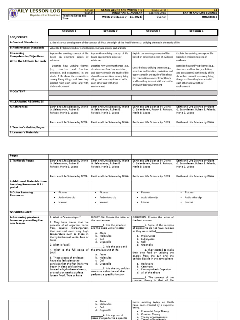 Earth and Life Science Daily Lesson Log - 2nd QTR Week 2 | PDF | Cell ...