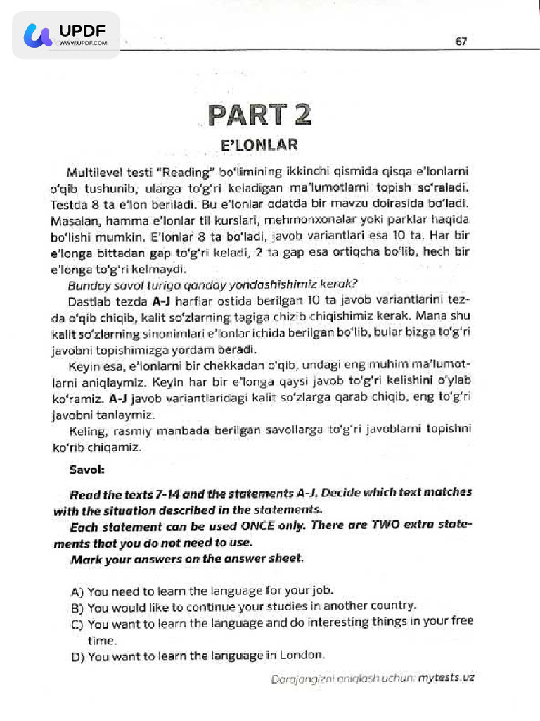 Reading Part 2 | PDF