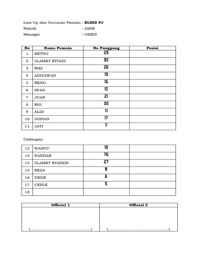 Line Up Dan Susunan Pemain | PDF