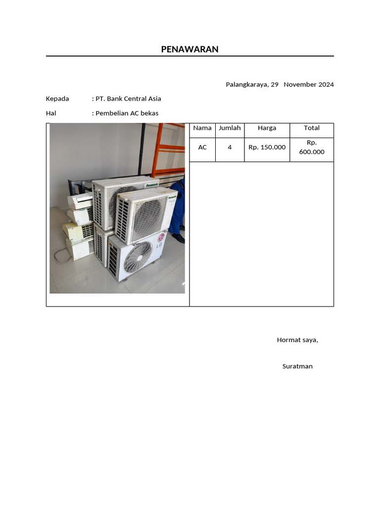 Penawaran Pembelian AC Bekas BCA | PDF