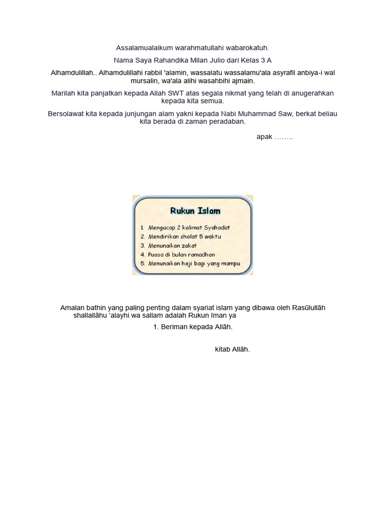 Pidato Rukun Iman Dan Rukun Islam SINGKAT | PDF