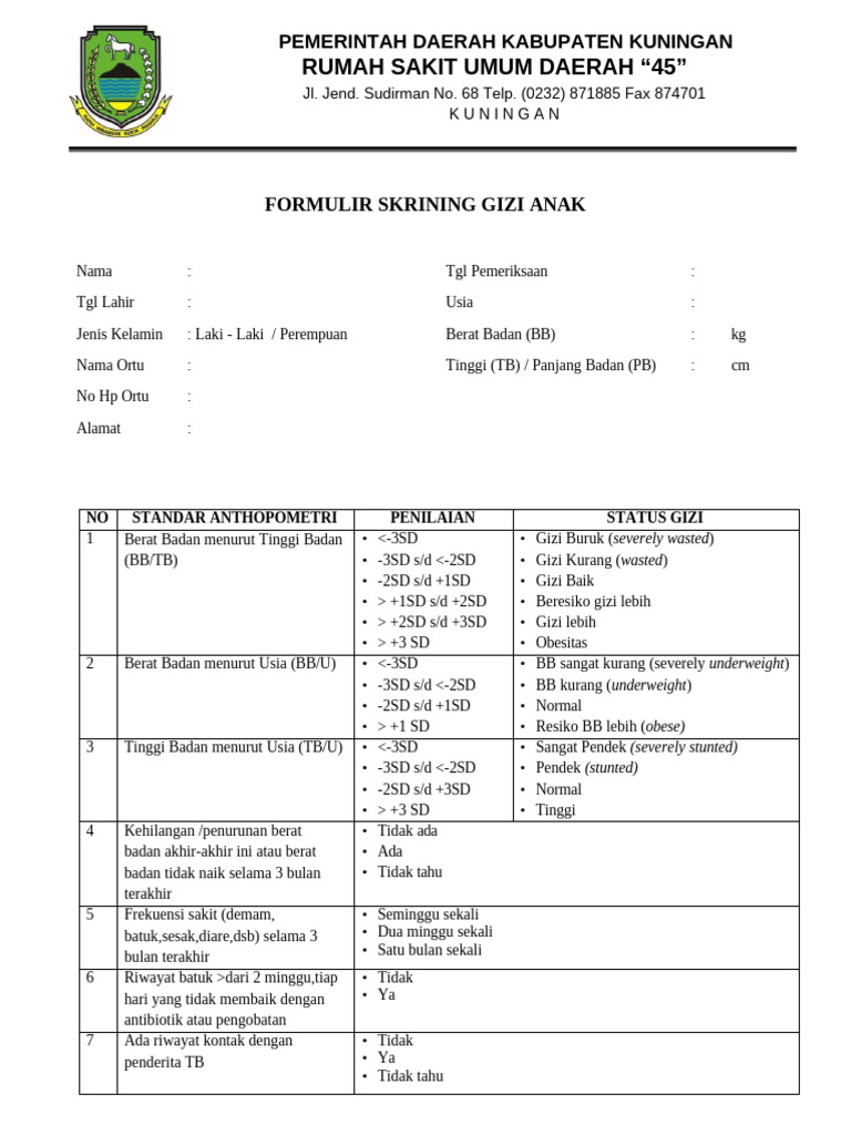 Formulir Skrining Gizi Anak Kuningan | PDF
