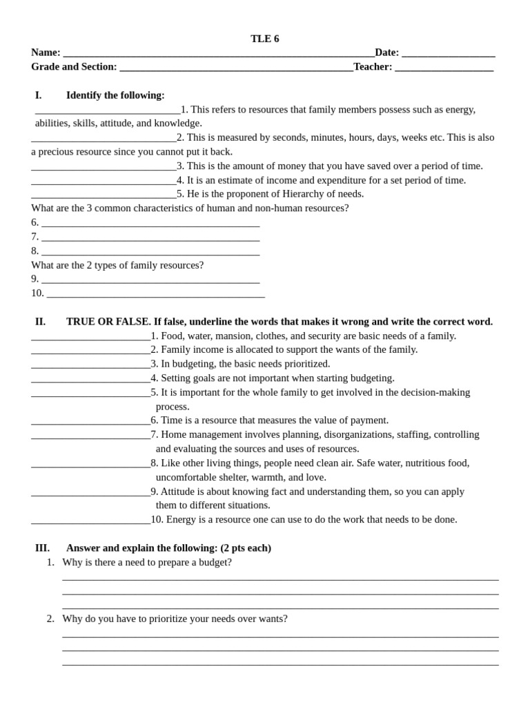Tle 6 Long Quiz and Review | PDF | Budget