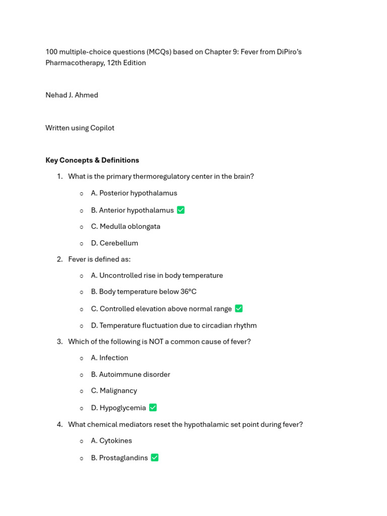 100 Multiple-Choice Questions (MCQS) Based On Chapter 9: Fever From ...