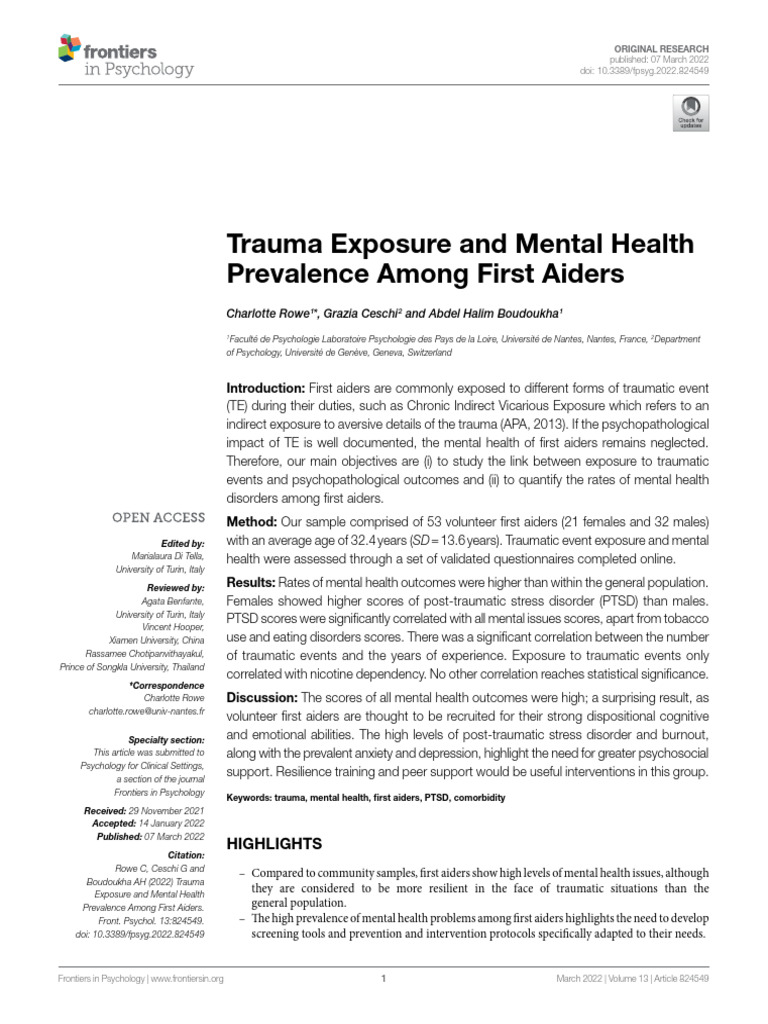 Trauma Exposure and Mental Health Prevalence Among First Aiders | PDF ...