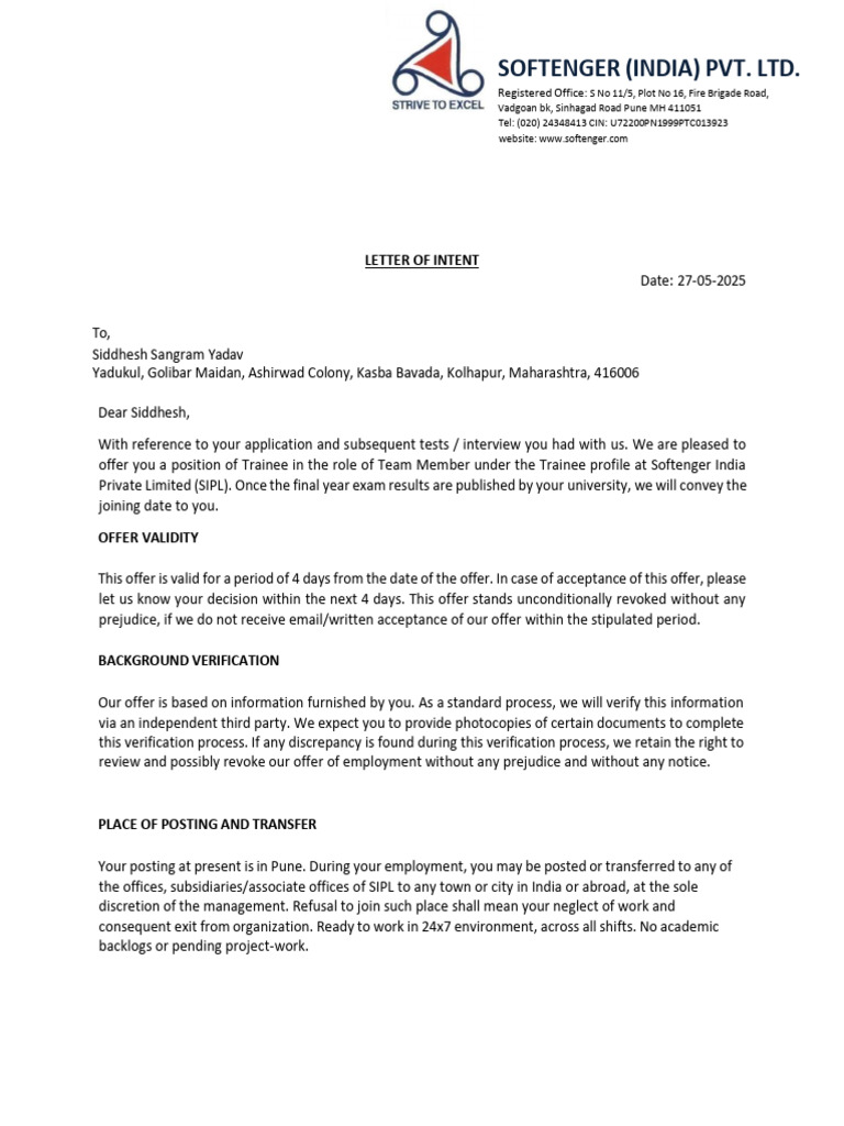 Softenger India Trainee Offer Letter | PDF | Justice | Crime & Violence