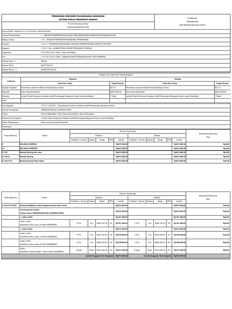 Perubahan Anggaran DPA SKPD 2025 | PDF