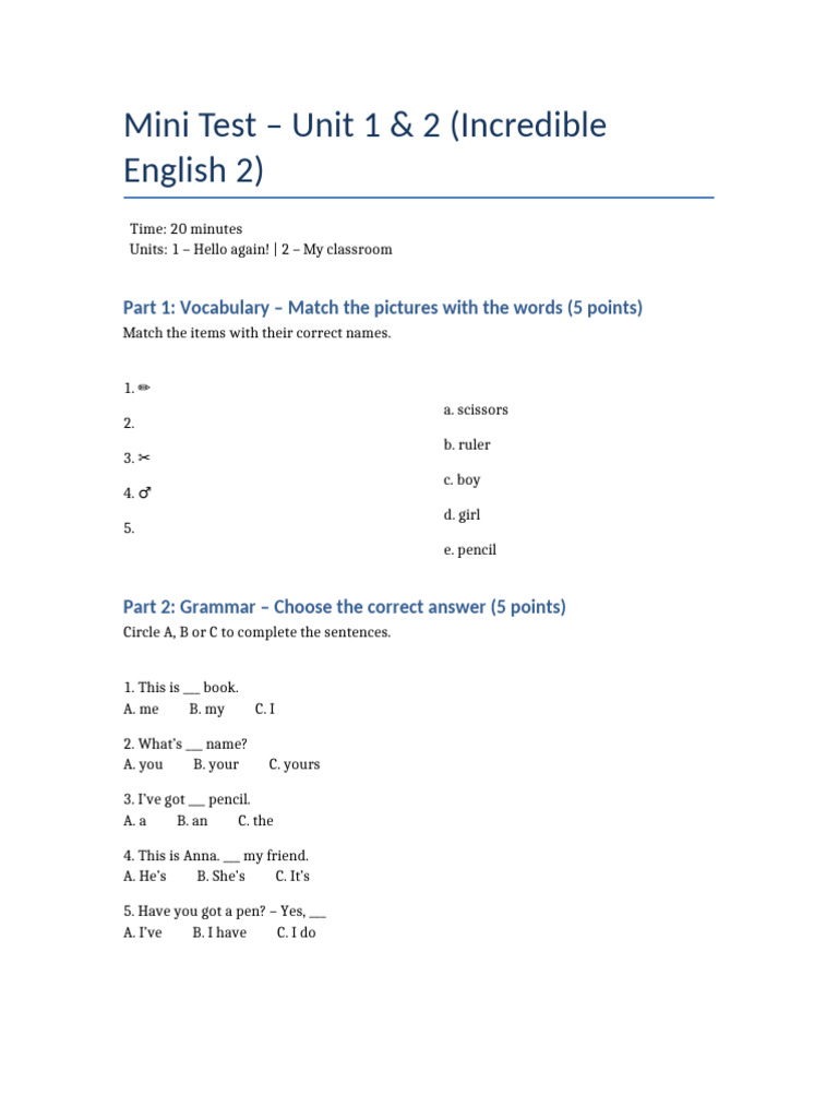 Mini Test: Vocabulary & Grammar Units 1-2 | PDF