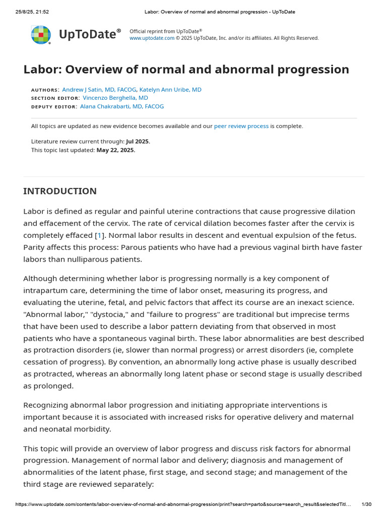 Labor_ Overview of Normal and Abnormal Progression - UpToDate | PDF ...