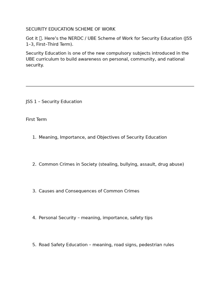 JSS1 Security Education Scheme of Work | PDF | Crimes | Crime & Violence