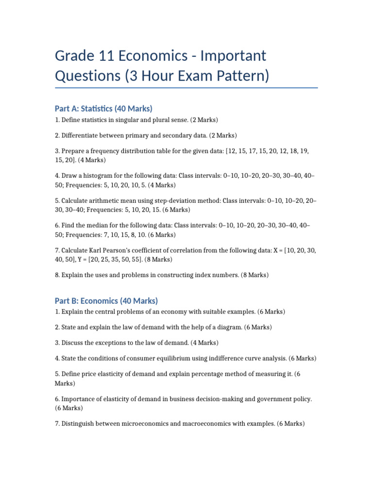Grade11 Economics Important Questions | PDF
