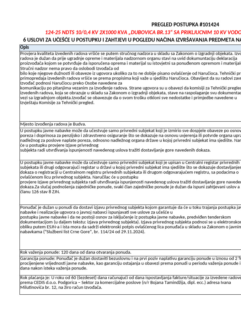 Pregled Postupka #101424 - USLOVI | PDF