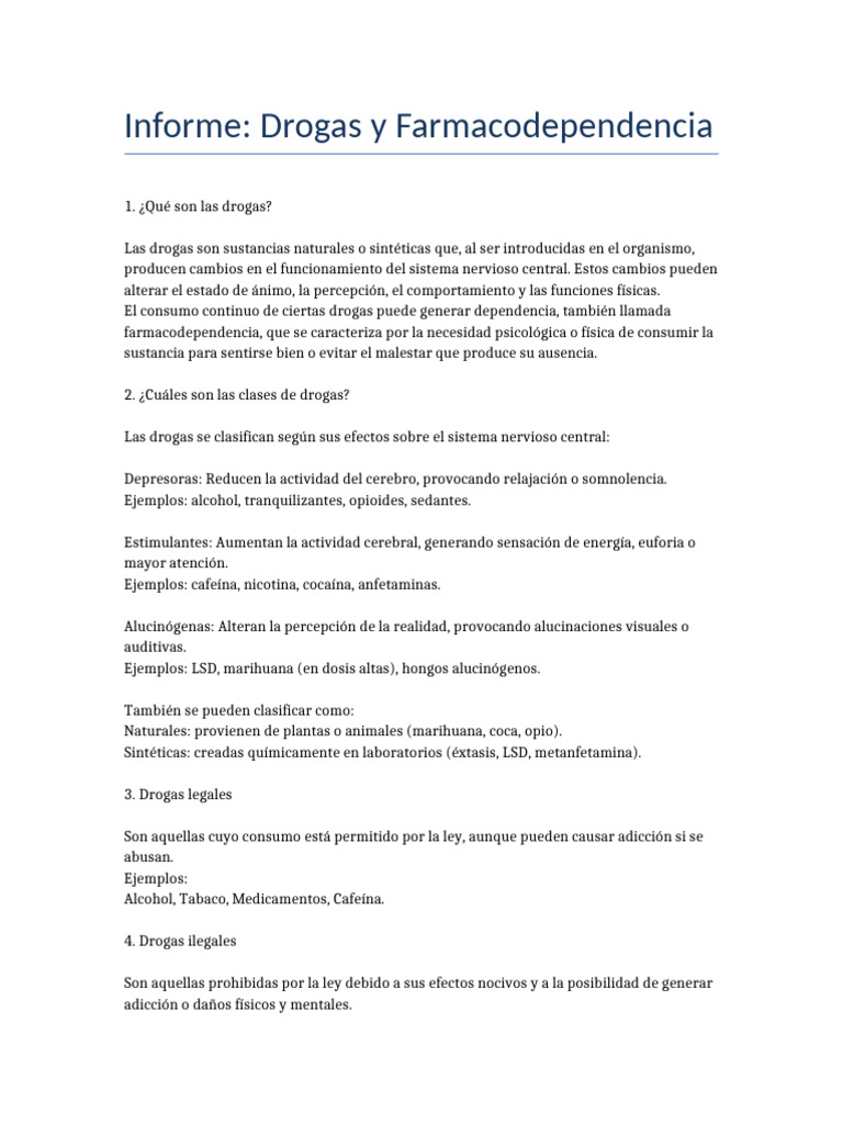 Informe Drogas Farmacodependencia | PDF | Drogas | La dependencia de sustancias
