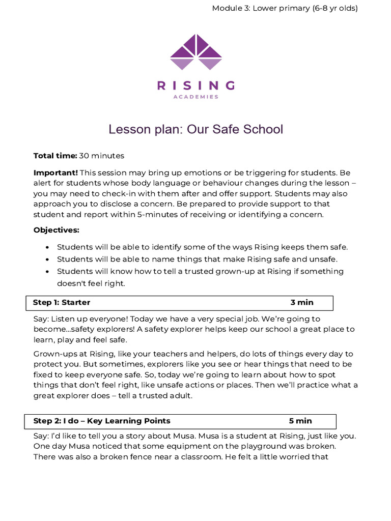 Rising Academies - Safeguarding Lesson Plan Our Safe School | PDF ...
