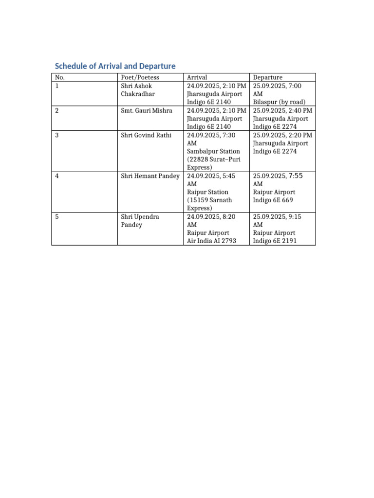 Arrival Departure Schedule | PDF