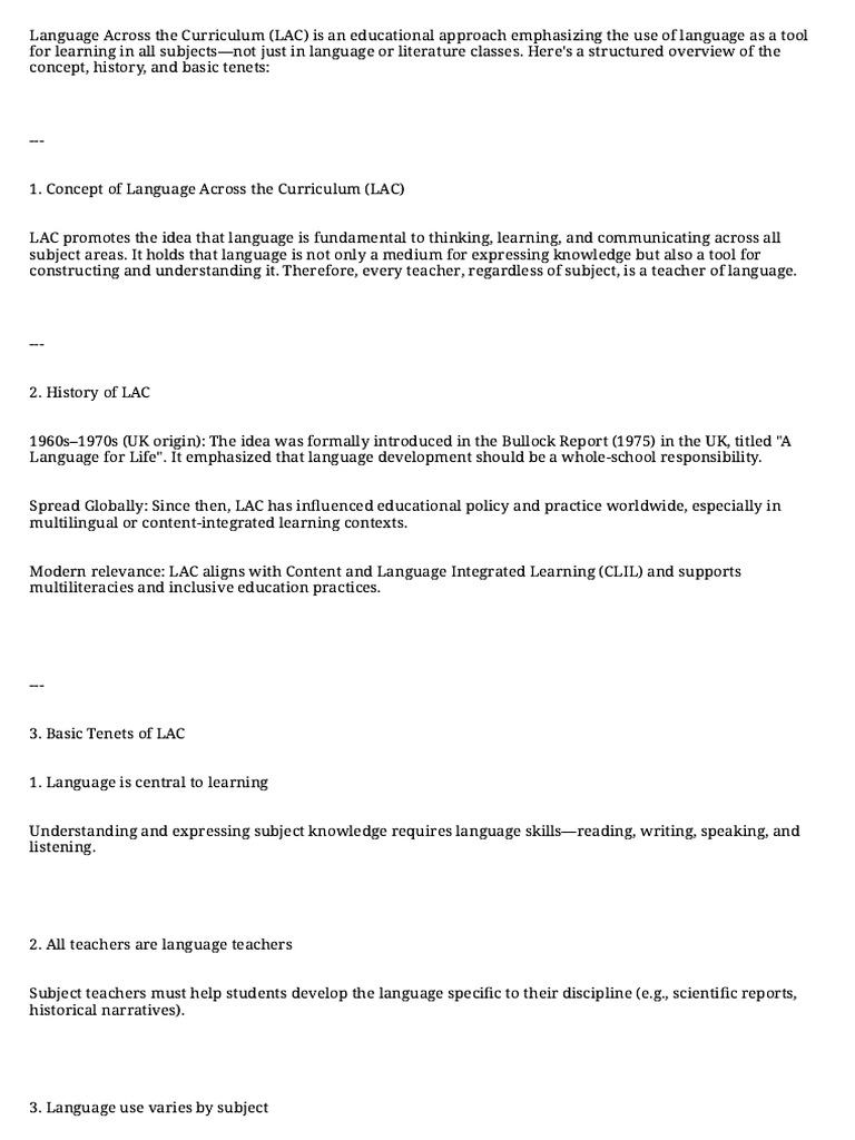 Basic Tenets of Language Across Curriculum | PDF