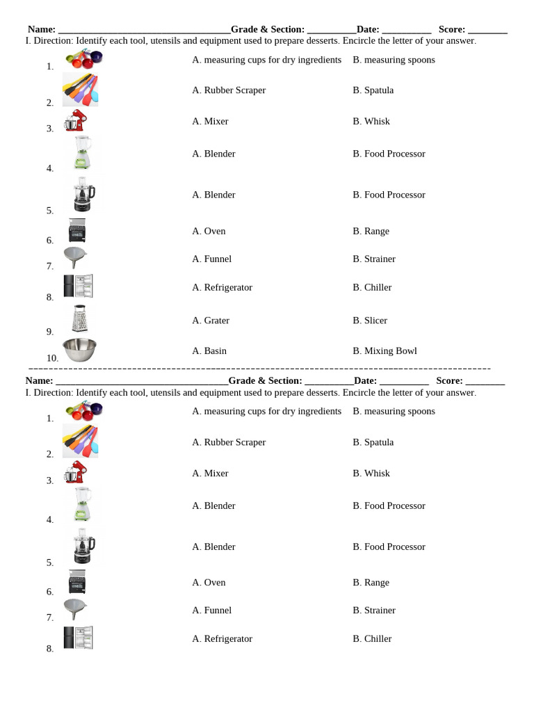Dessert Preparation Tools Quiz | PDF | Kitchen Utensil | Spoon