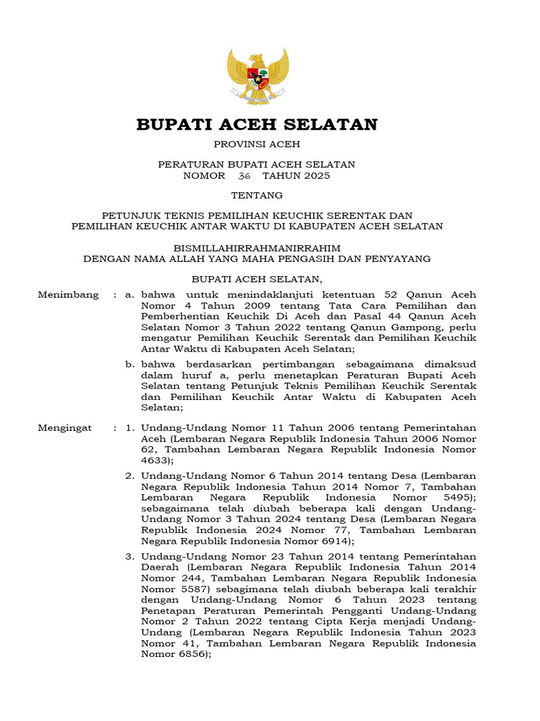 Perbup Nomor 36 Tahun 2025 Petunjuk Teknis Pemilhan Keuchik Serentak - TAHUN - 2025 Final | PDF