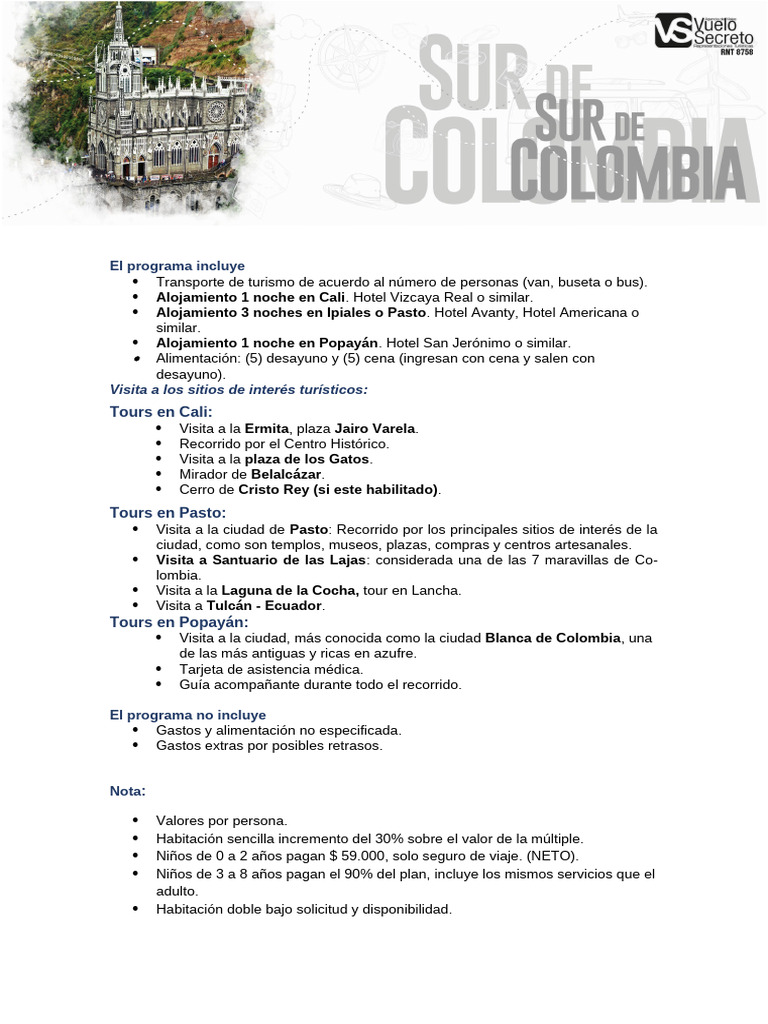 Excursion Sur Colombia Popayan Pasto Cali | PDF