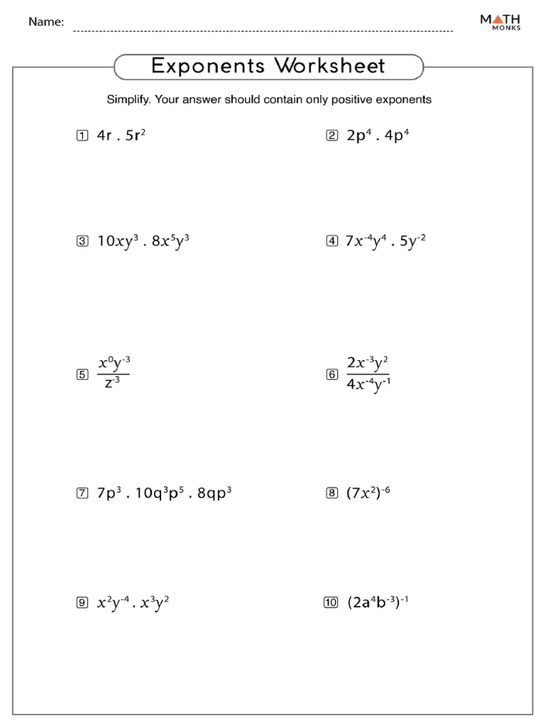 Algebra Exponents Worksheet | PDF