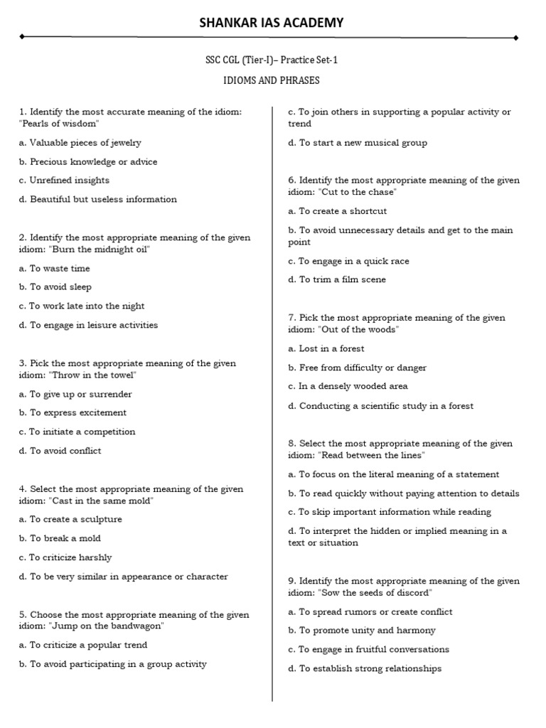 Idioms & Phrases SSC Practice Set 1-1 | PDF | Idiom