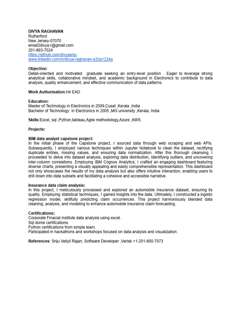 Data Analyst - Divya Raghavan | PDF