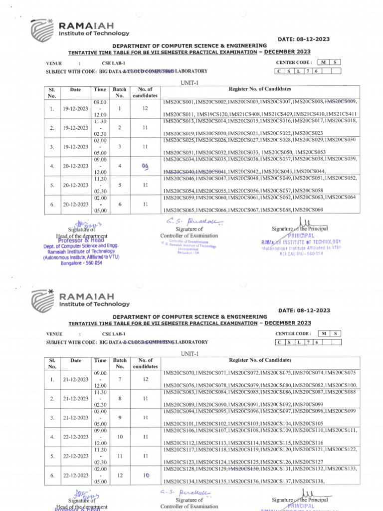 7sem BD MS-LAB Time Table Dec2023 | PDF
