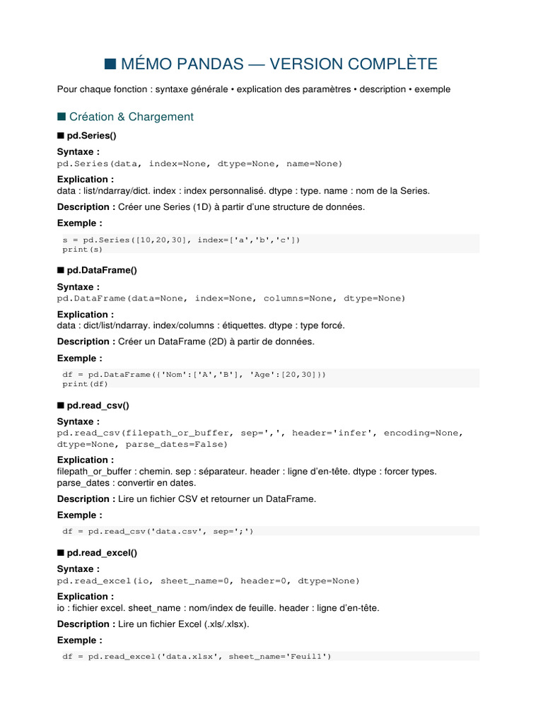 Guide complet des fonctions Pandas | PDF | Médiane (statistiques)