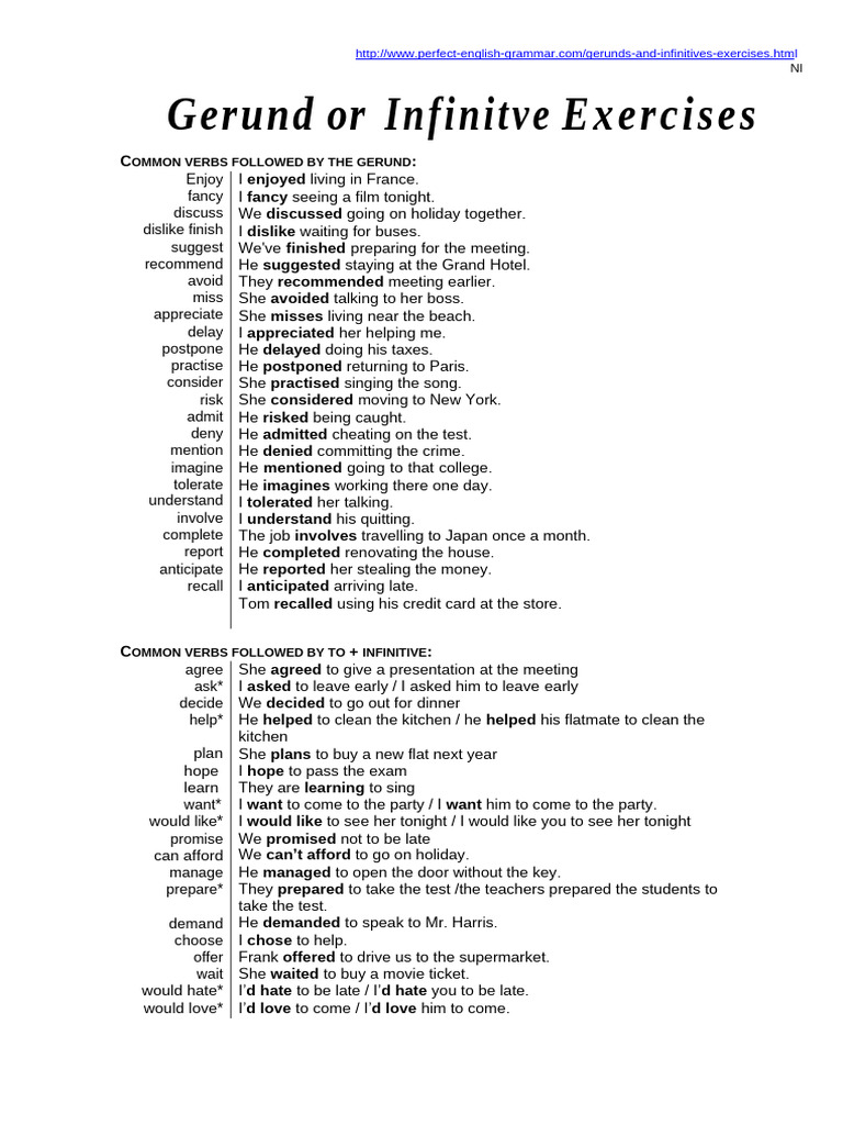 Gerunds and Infinitives Exercises Guide | PDF
