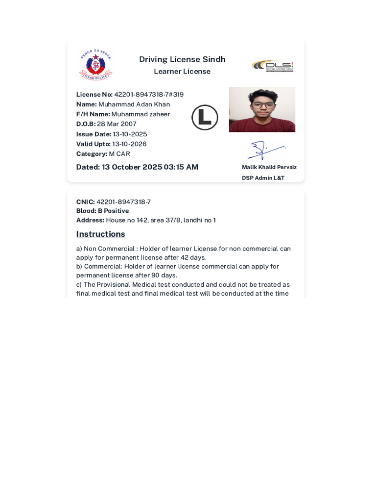 Sindh Learner Driving License Details | PDF