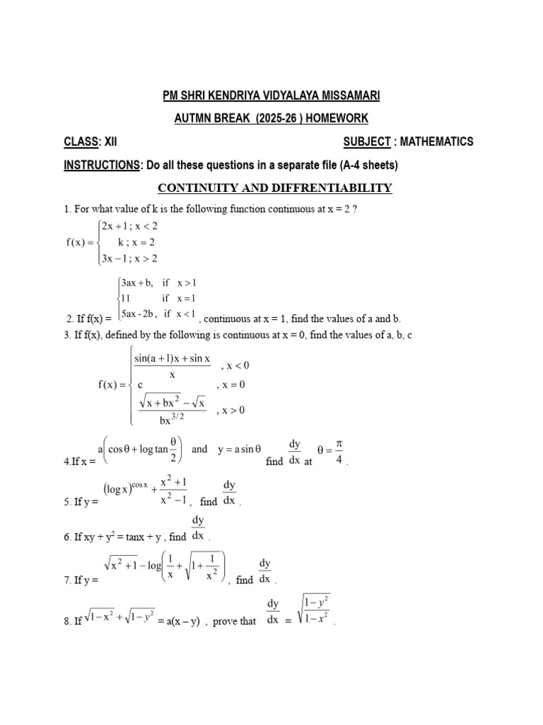 Autmn Break Homework Class Xii Math | PDF | Linear Programming | Mathematical Analysis