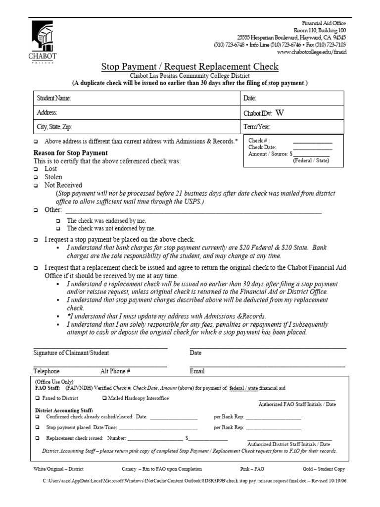 Stop Payment - Replacement Check Form | PDF | Microsoft | Microsoft Windows