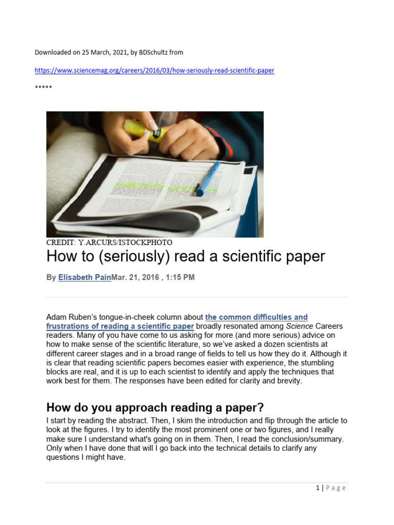 How To Seriously Read A Scientific Paper - Pain-E - SciMag - 2016 | PDF ...