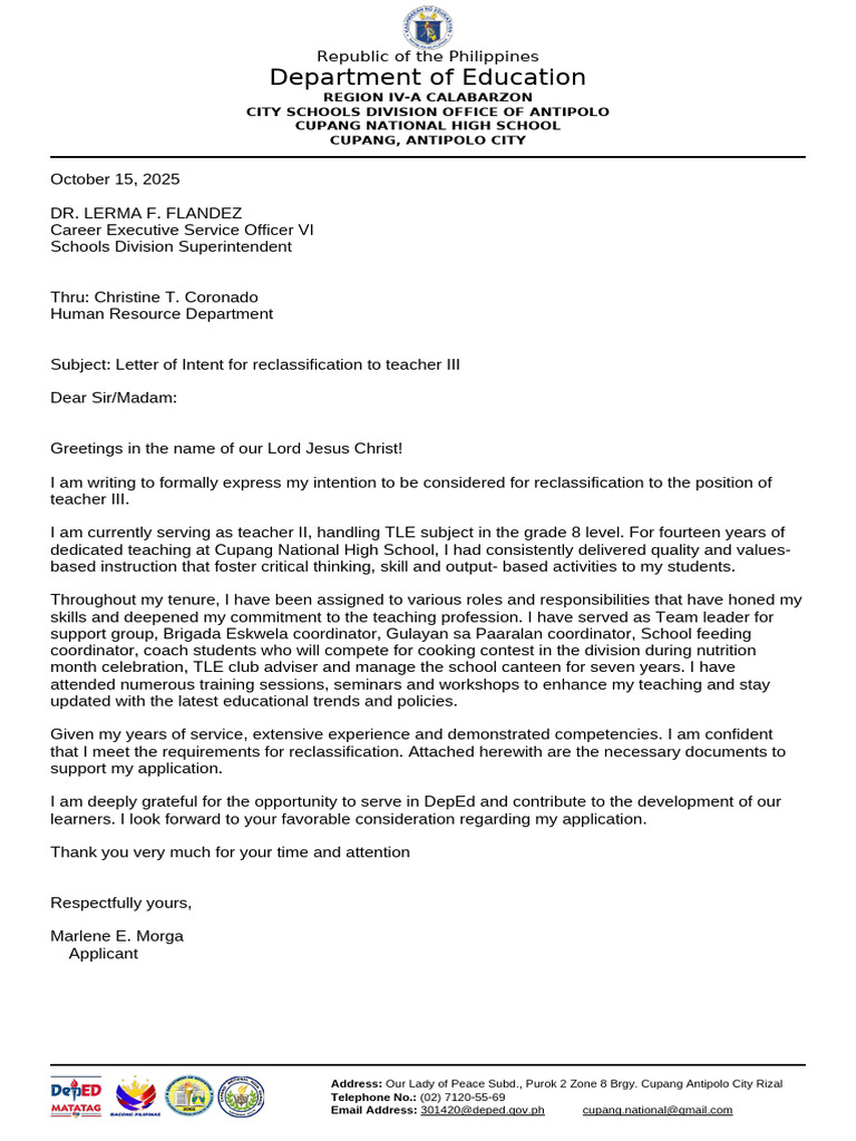 Teacher III Reclassification Intent Letter | PDF | Republic | Asia