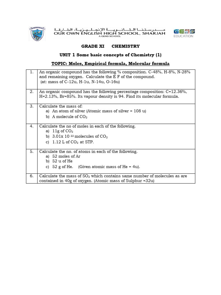 Chemistry Moles and Formulas Exercises | PDF