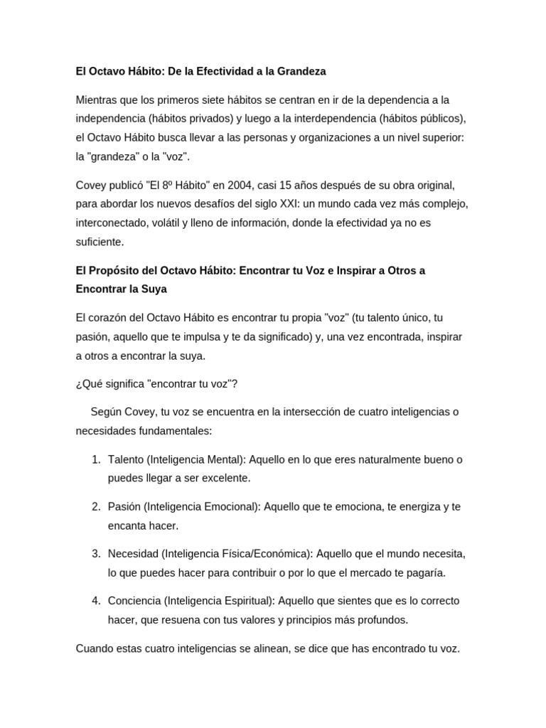 Octavo Hábito: De Efectividad a Grandeza | PDF | Liderazgo | Psicología ...